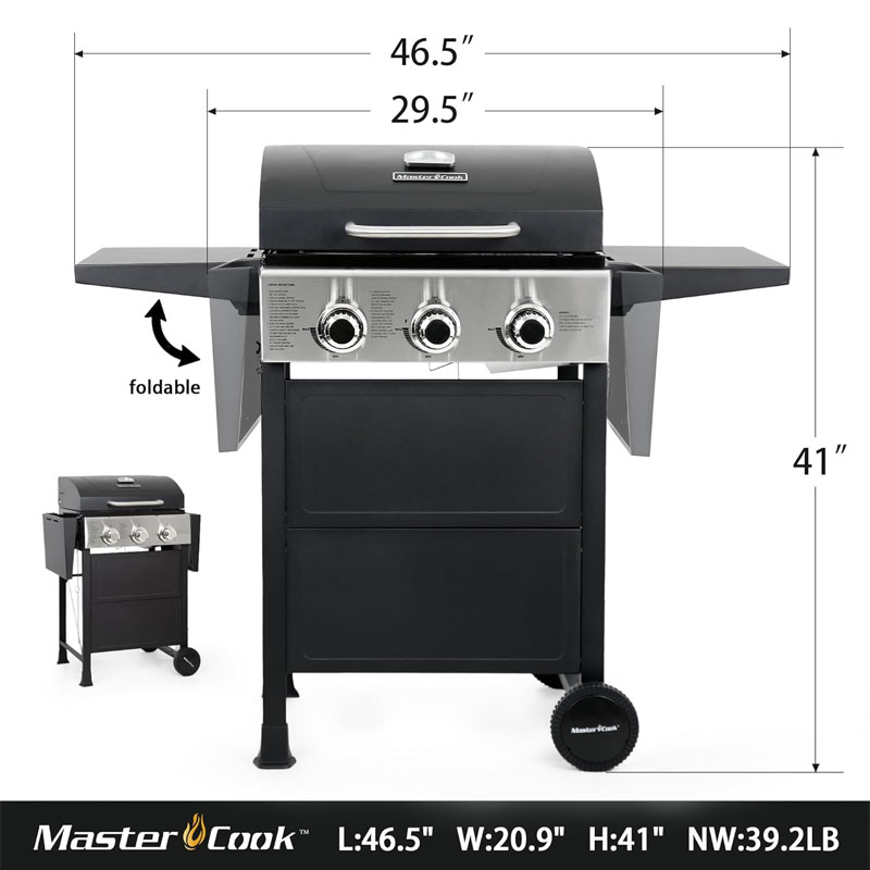 Master Cook Gas Grill 3 Burner BBQ Grill - Stainless Steel 30,000 BTU